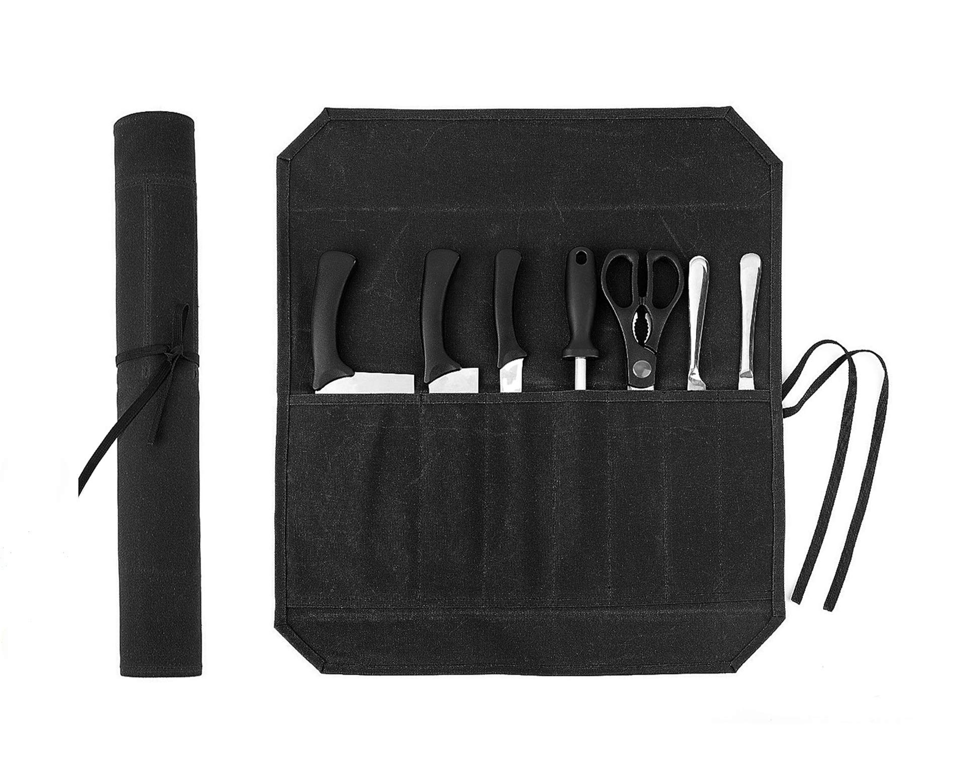 Denifiter Knife Roll, Chef's Knife Roll Bag, Heavy Duty Waxed Canvas Knife Bag With 7 Slots (Black)