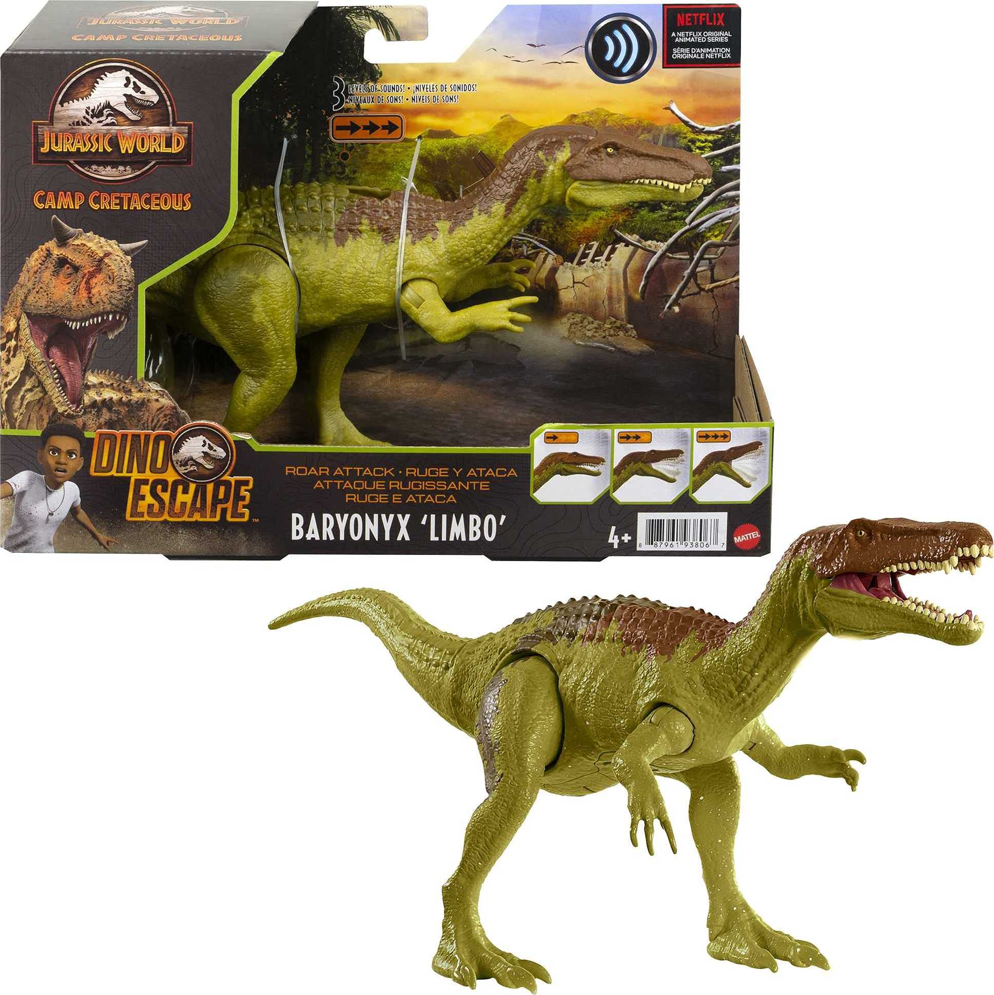 Mattel Jurassic World Camp Cretaceous Roar Attack Baryonyx Limbo Dinosaur Action Figure Toy with Strike Feature and Sounds