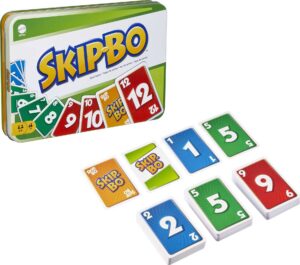 mattel games skip-bo card game for kids, adults & family night, travel game in collectible storage tin for 2-6 players (amazon exclusive)