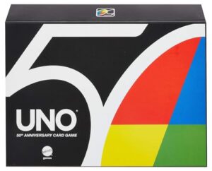 mattel games uno premium 50th anniversary edition matching card game featuring commemorative coin & 112 cards, game night, kids & collectors gift ages 7 years & older.