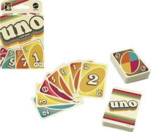 mattel games uno iconic series 1970s matching card game featuring decade-themed design, 112 cards for collectors, teen & adult game night, ages 7 years & older.