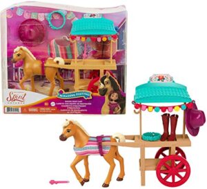 mattel spirit untamed miradero riding gear cart with rolling wheels, canopy, 5-in pony & related accessories, great gift for ages 3 & up