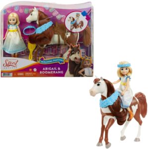 mattel spirit untamed miradero festival abigail doll (7-in) with dress, floral crown & boomerang horse (8-in), floral garland, saddle & brush, great gift for ages 3 years old & up