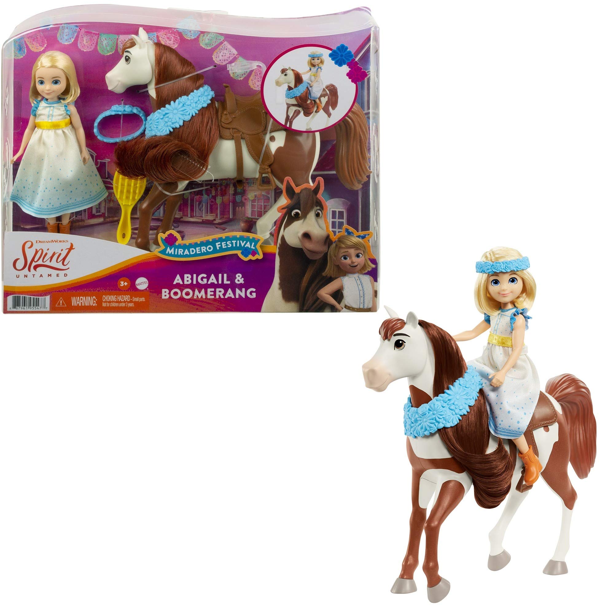 Mattel Spirit Untamed Miradero Festival Abigail Doll (7-in) with Dress, Floral Crown & Boomerang Horse (8-in), Floral Garland, Saddle & Brush, Great Gift for Ages 3 Years Old & Up