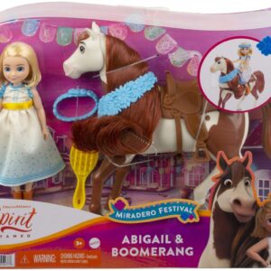 Mattel Spirit Untamed Miradero Festival Abigail Doll (7-in) with Dress, Floral Crown & Boomerang Horse (8-in), Floral Garland, Saddle & Brush, Great Gift for Ages 3 Years Old & Up