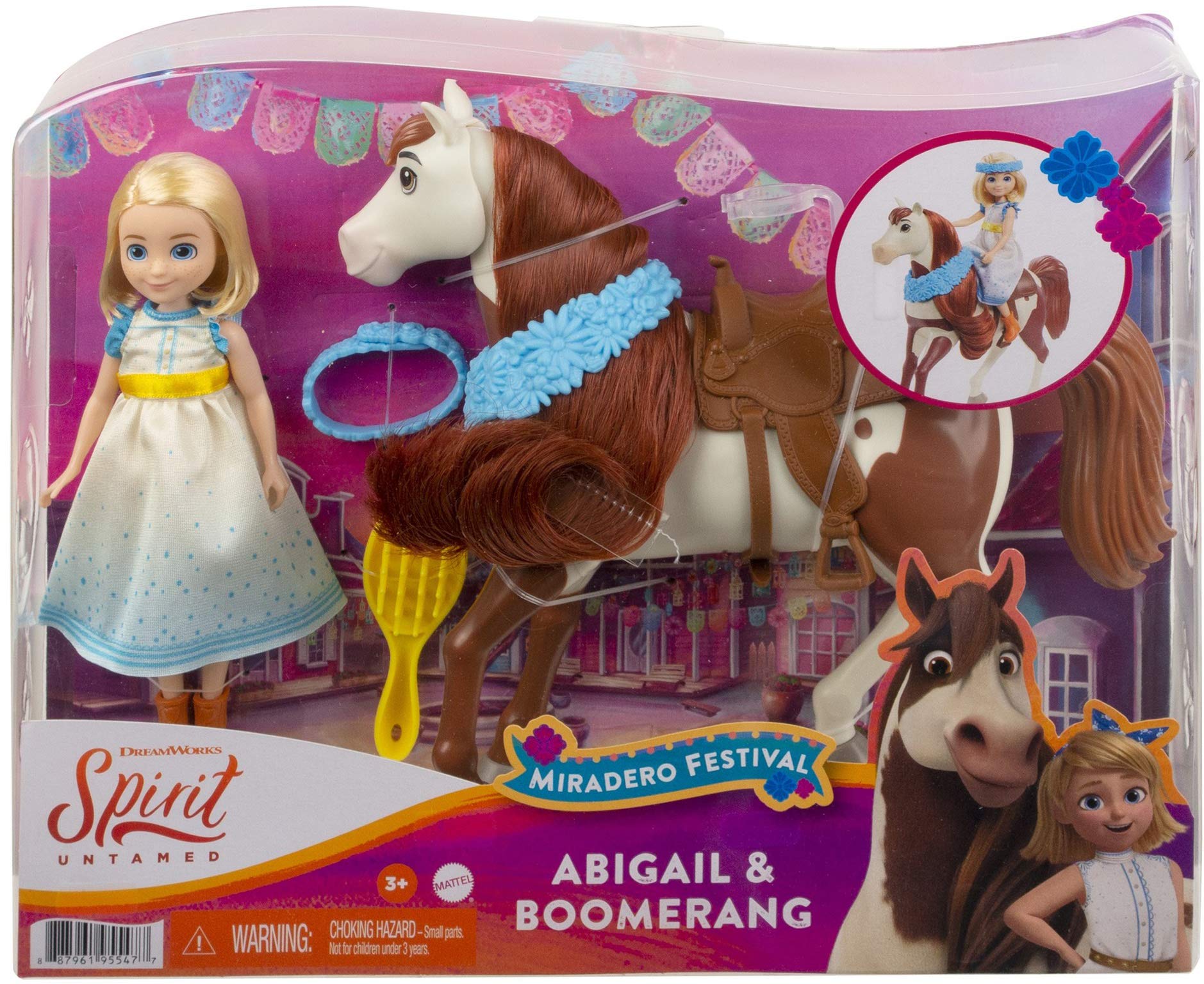 Mattel Spirit Untamed Miradero Festival Abigail Doll (7-in) with Dress, Floral Crown & Boomerang Horse (8-in), Floral Garland, Saddle & Brush, Great Gift for Ages 3 Years Old & Up