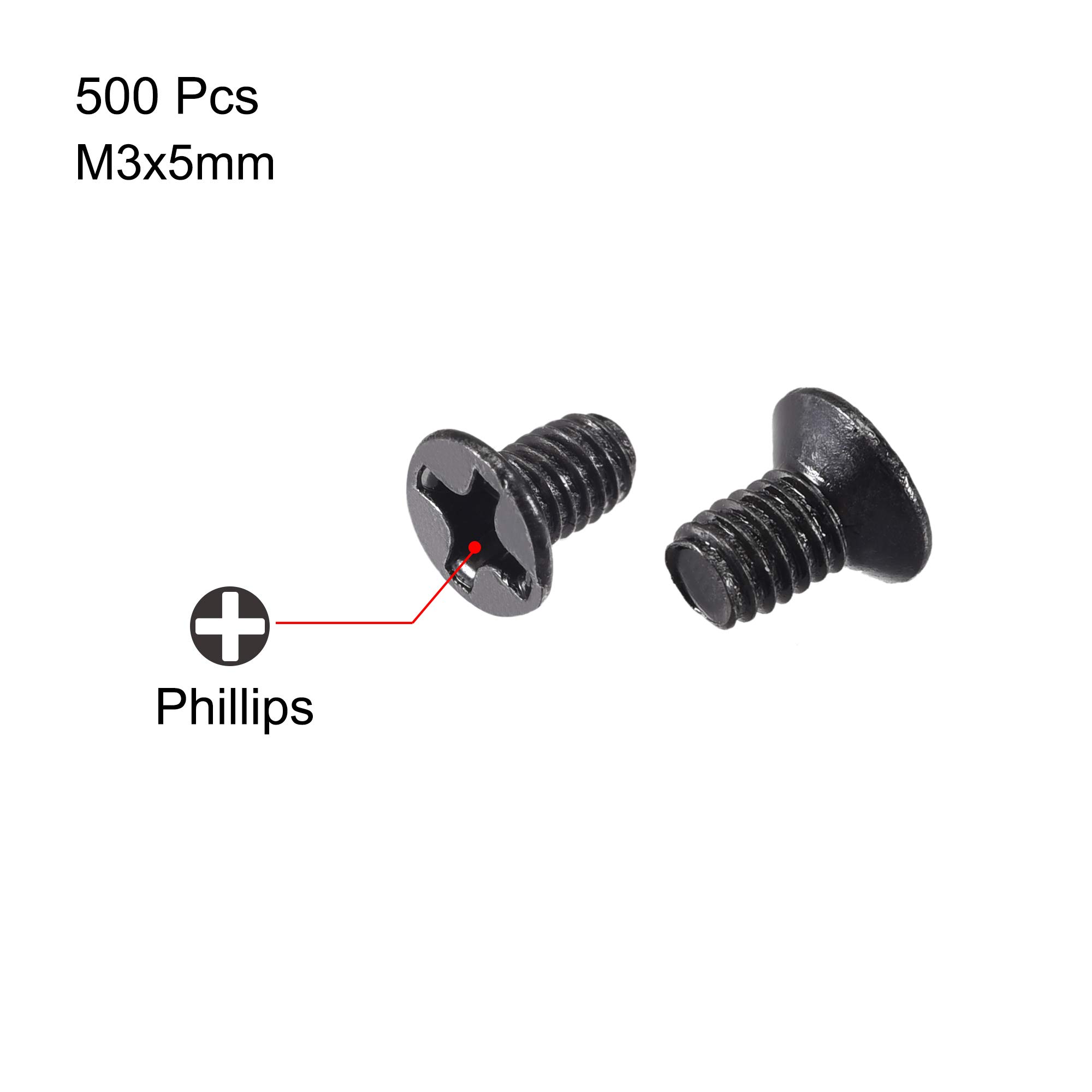 uxcell M3 x 5mm Phillips Screw Fastener Black for Laptop PC TV Fan Switch 500pcs