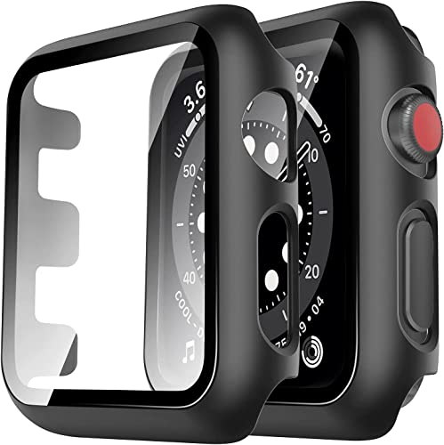 TAURI 2 Pack Hard Case Compatible for Apple Watch Series 3/2/1 42mm Built-in 9H Tempered Glass Screen Protector Slim Bumper Touch Sensitive Full Protective Cover Compatible for iWatch 42mm - Black