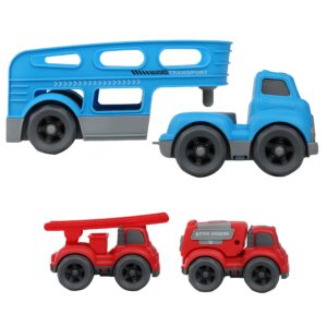 IQ Toys Car Carrier Toy - Truck Carrier with Firetrucks for Boys - Toddler Car Toys Transporter Truck Car Hauler Play Set - Kids Toy Vehicle, Blue