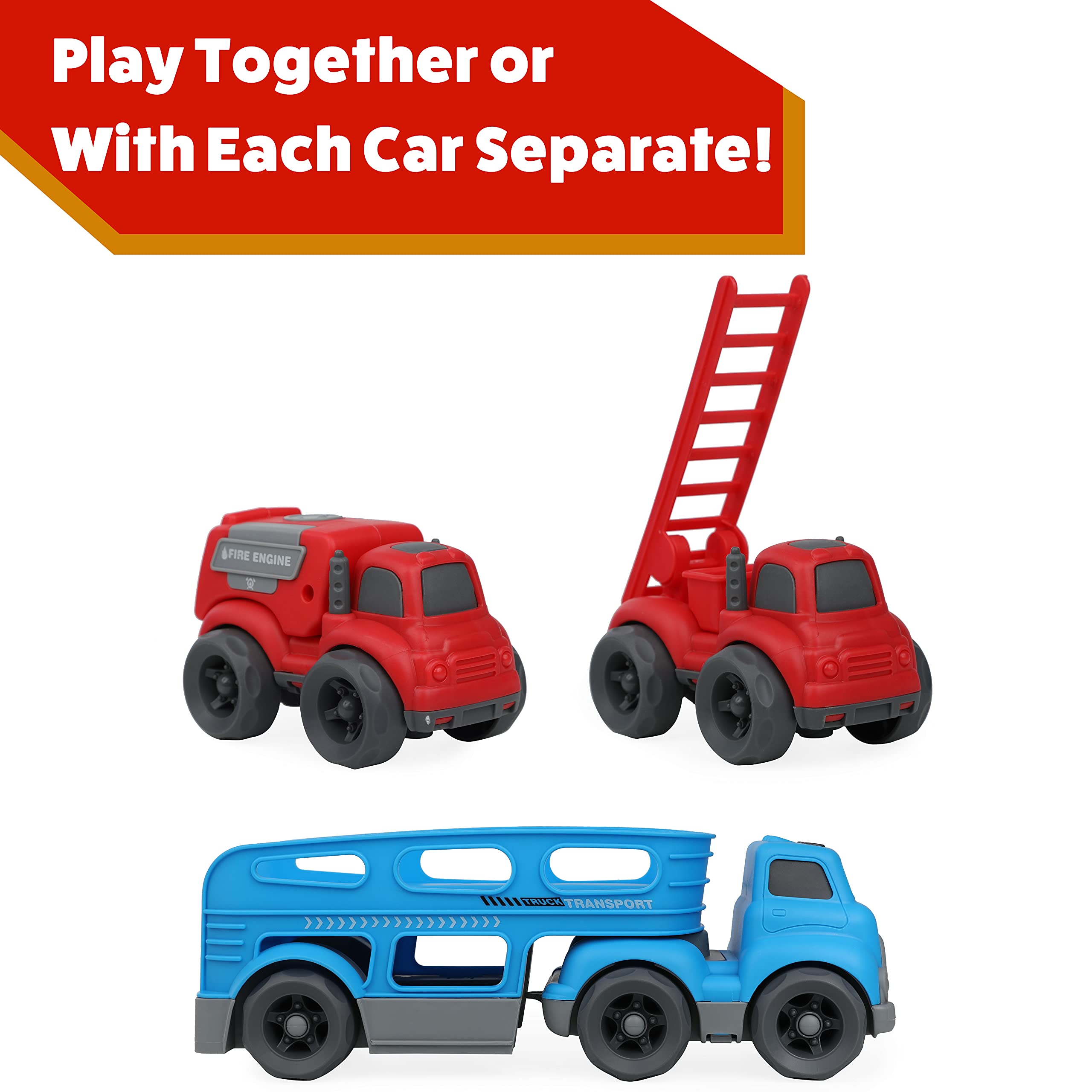 IQ Toys Car Carrier Toy - Truck Carrier with Firetrucks for Boys - Toddler Car Toys Transporter Truck Car Hauler Play Set - Kids Toy Vehicle, Blue