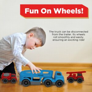 IQ Toys Car Carrier Toy - Truck Carrier with Firetrucks for Boys - Toddler Car Toys Transporter Truck Car Hauler Play Set - Kids Toy Vehicle, Blue