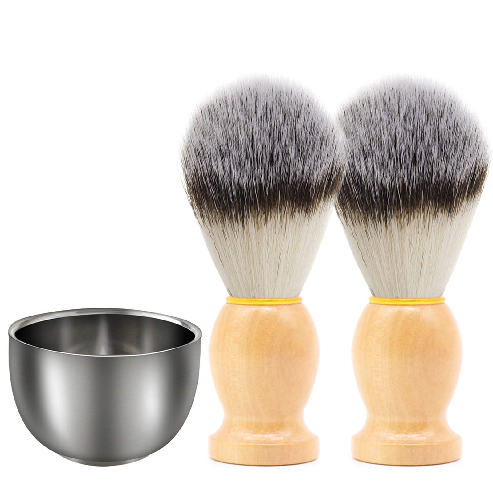 Set of 3, Shave Brush and Shaving Soap Bowl, DaKuan 2 Pcs Wooden Handle Shaving Brushes and Stainless Steel Shaving Mug for Professional Hair Salon Tool