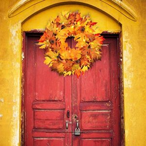 MorTime Thanksgiving Wreath with LED Lights Pumpkin Pinecones Red Berries Maple Leaves, 17" Harvest Day Themed Hanging Silk Fall Door Wreath Welcome Sign for Garden Gate Home Thanksgiving Decorations