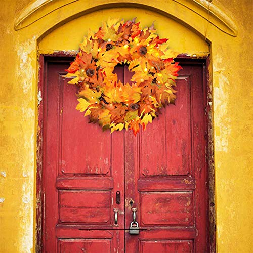 MorTime Thanksgiving Wreath with LED Lights Pumpkin Pinecones Red Berries Maple Leaves, 17" Harvest Day Themed Hanging Silk Fall Door Wreath Welcome Sign for Garden Gate Home Thanksgiving Decorations