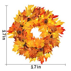 MorTime Thanksgiving Wreath with LED Lights Pumpkin Pinecones Red Berries Maple Leaves, 17" Harvest Day Themed Hanging Silk Fall Door Wreath Welcome Sign for Garden Gate Home Thanksgiving Decorations