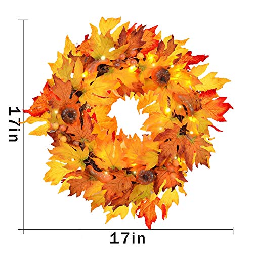 MorTime Thanksgiving Wreath with LED Lights Pumpkin Pinecones Red Berries Maple Leaves, 17" Harvest Day Themed Hanging Silk Fall Door Wreath Welcome Sign for Garden Gate Home Thanksgiving Decorations