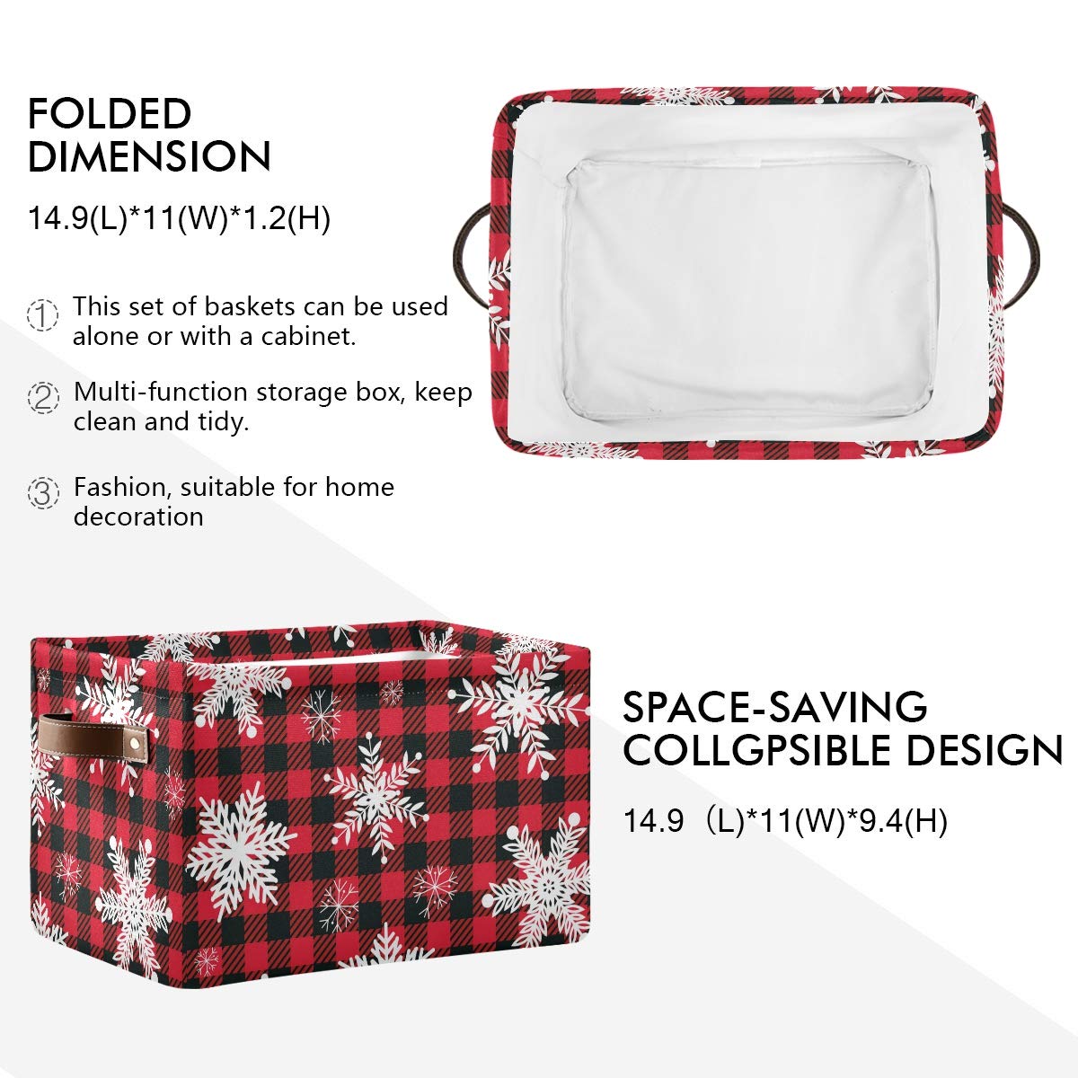 Rectangular Christmas Storage Bin Snowflakes Christmas Basket with Handles - Nursery Storage, Laundry Hamper, Book Bag, Gift Baskets