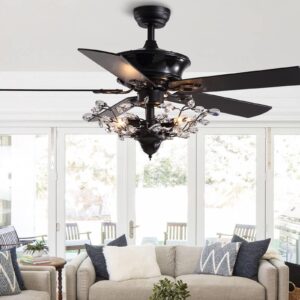 moooni 50 inch reversible crystal ceiling fan with lights, vintage chandelier fan light kit black fandelier for bedroom living room