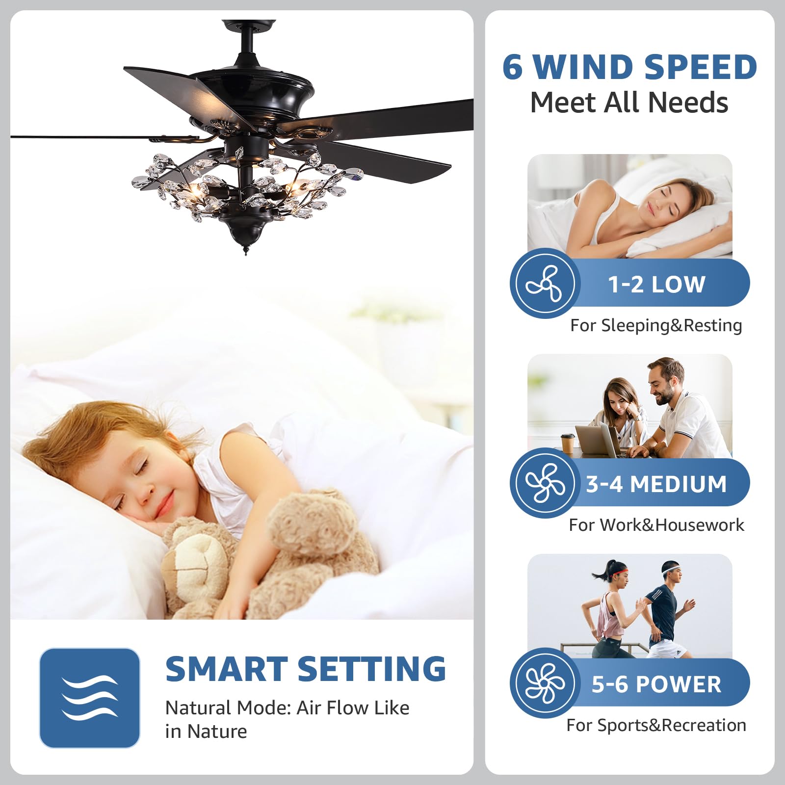 Moooni 50 Inch Reversible Crystal Ceiling Fan with Lights, Vintage Chandelier Fan Light KIt Black Fandelier for Bedroom Living Room