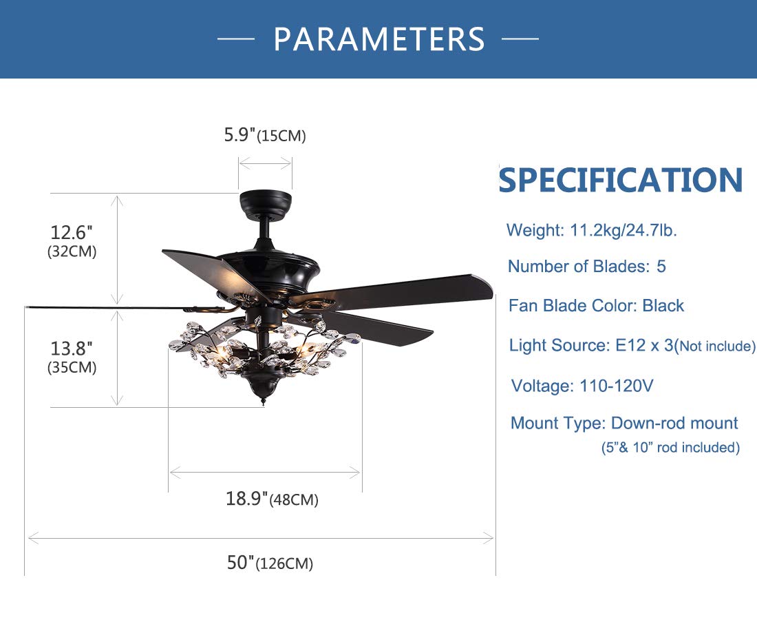 Moooni 50 Inch Reversible Crystal Ceiling Fan with Lights, Vintage Chandelier Fan Light KIt Black Fandelier for Bedroom Living Room