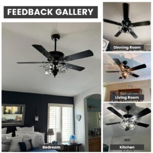 Moooni 50 Inch Reversible Crystal Ceiling Fan with Lights, Vintage Chandelier Fan Light KIt Black Fandelier for Bedroom Living Room