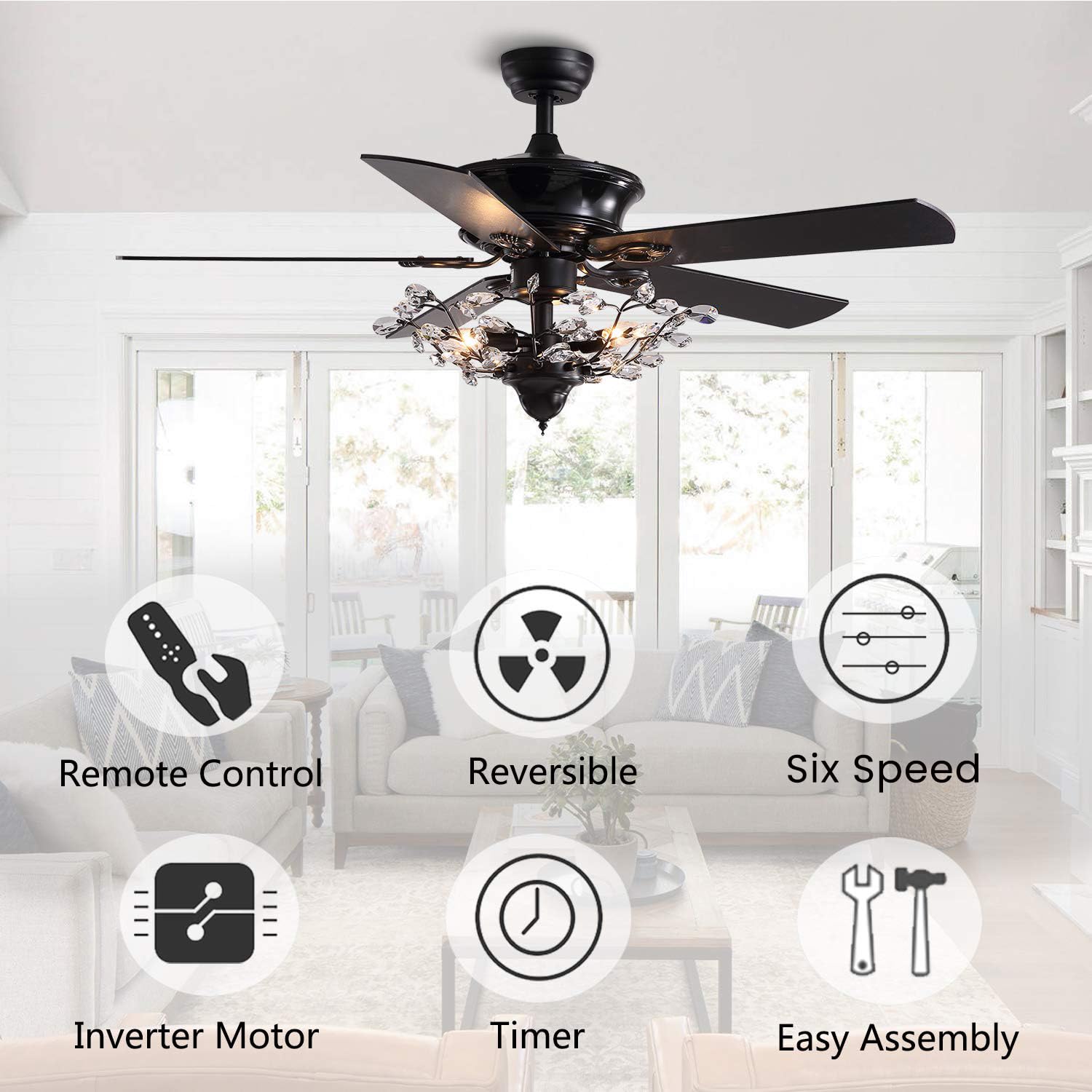 Moooni 50 Inch Reversible Crystal Ceiling Fan with Lights, Vintage Chandelier Fan Light KIt Black Fandelier for Bedroom Living Room