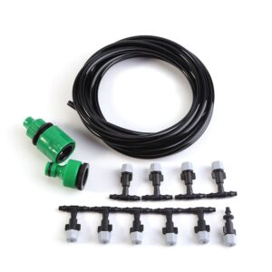 misting cooling system, watering tubing misting nozzle sprinkler faucet adapter outdoor garden greenhouse drip irrigation kit(5m)