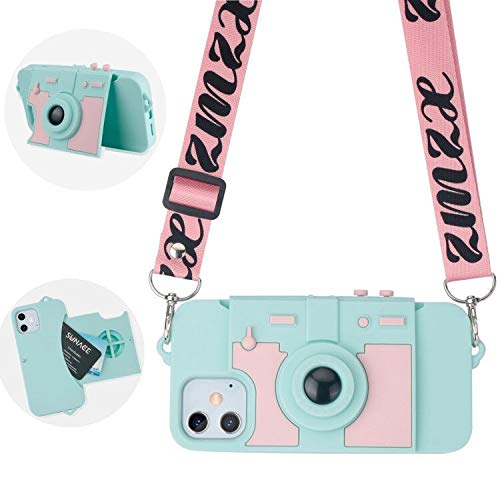 Awsaccy Compatible with iPhone 12 Mini Case Cute Card Wallet Holder for Women Girls Cool Camera Design Kickstand Girly Luxury Phone Case 3D Silicone Cover with Crossbody Strap Lanyard Blue