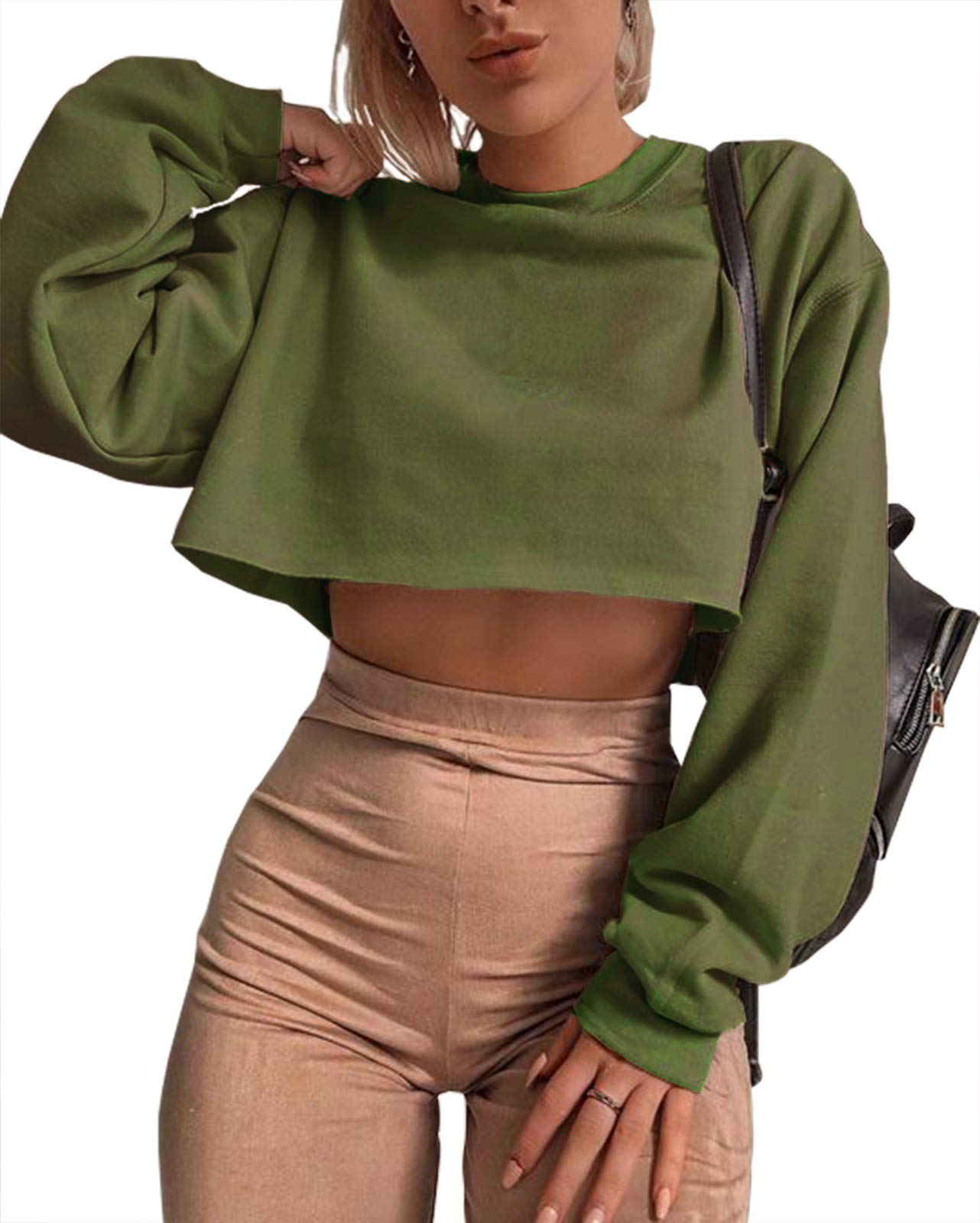 Artfish Women's Crewneck Long Sleeve Crop Tops Workout Casual Pullover Loose Sweatshirts (ArmyGreen,M)