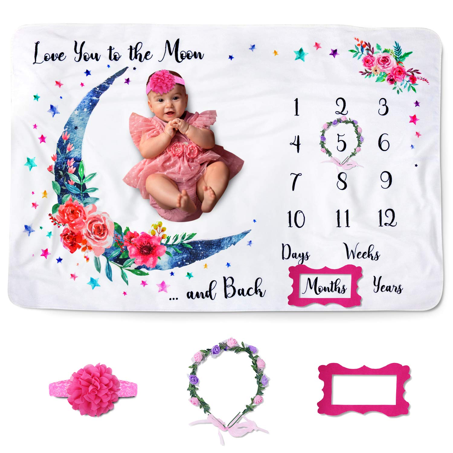 Jamie&Jayden Baby Monthly Milestone Blanket for Baby Girl, Photo Blanket for Newborn and Baby Pictures. Includes Headband, Wreath and Frame 60”x40