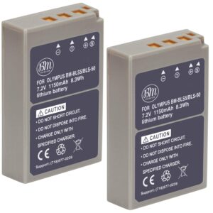 bm premium 2 pack of bls-50, ps-bls5 batteries for olympus om-5, om-d e-m5 iii, e-m10, e-m10 iii, e-m10 iv, e-pl7, e-pl8, e-pl9, e-pl10, stylus 1 cameras