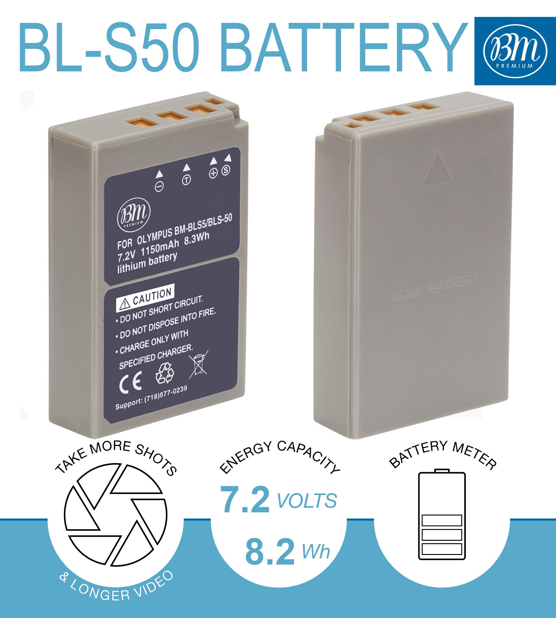 BM Premium 2 Pack of BLS-50, PS-BLS5 Batteries for Olympus OM-5, OM-D E-M5 III, E-M10, E-M10 III, E-M10 IV, E-PL7, E-PL8, E-PL9, E-PL10, Stylus 1 Cameras