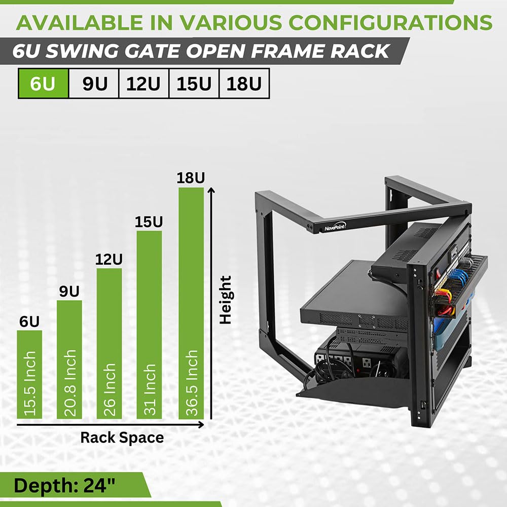 NavePoint 6U Server Rack with Swing Gate - 6U Wall Mount Rack for 19 Inch IT Equipment Open Frame Rack – Network Rack Wall Mount for AV & Server Equipment 24” Deep 6U Rack, Black