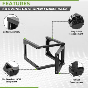 NavePoint 6U Server Rack with Swing Gate - 6U Wall Mount Rack for 19 Inch IT Equipment Open Frame Rack – Network Rack Wall Mount for AV & Server Equipment 24” Deep 6U Rack, Black