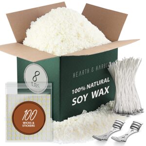 hearth & harbor soy candle wax for candle making - natural soy wax for candle making 8 lb bag, premium soy wax flakes, 100 cotton candle wicks, 100 wick stickers, & 2 centering devices