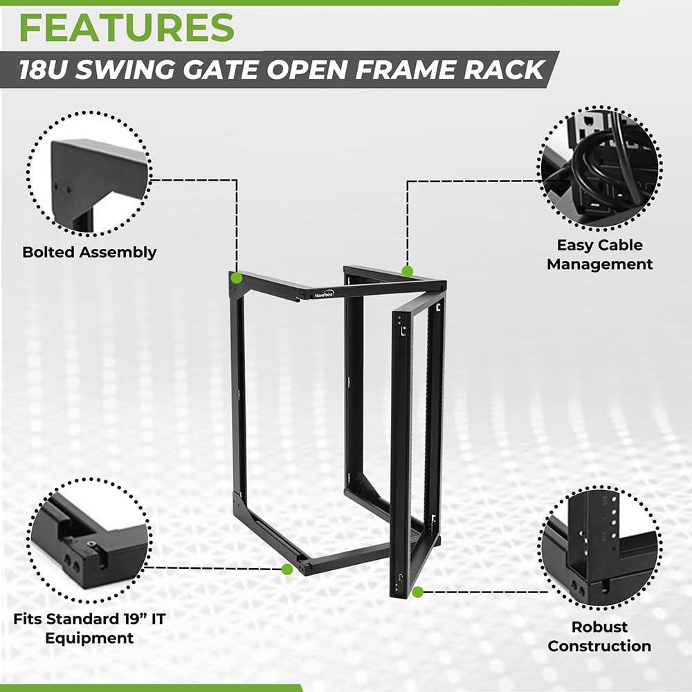 NavePoint 18U Server Rack with Swing Gate - 18U Wall Mount Rack for 19 Inch IT Equipment Open Frame Rack – Network Rack Wall Mount for AV & Server Equipment 18” Deep 18U Rack, Black