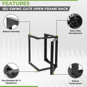 NavePoint 15U Server Rack with Swing Gate - 15U Wall Mount Rack for 19 Inch IT Equipment Open Frame Rack – Network Rack Wall Mount for AV & Server Equipment 24” Deep 15U Rack, Black