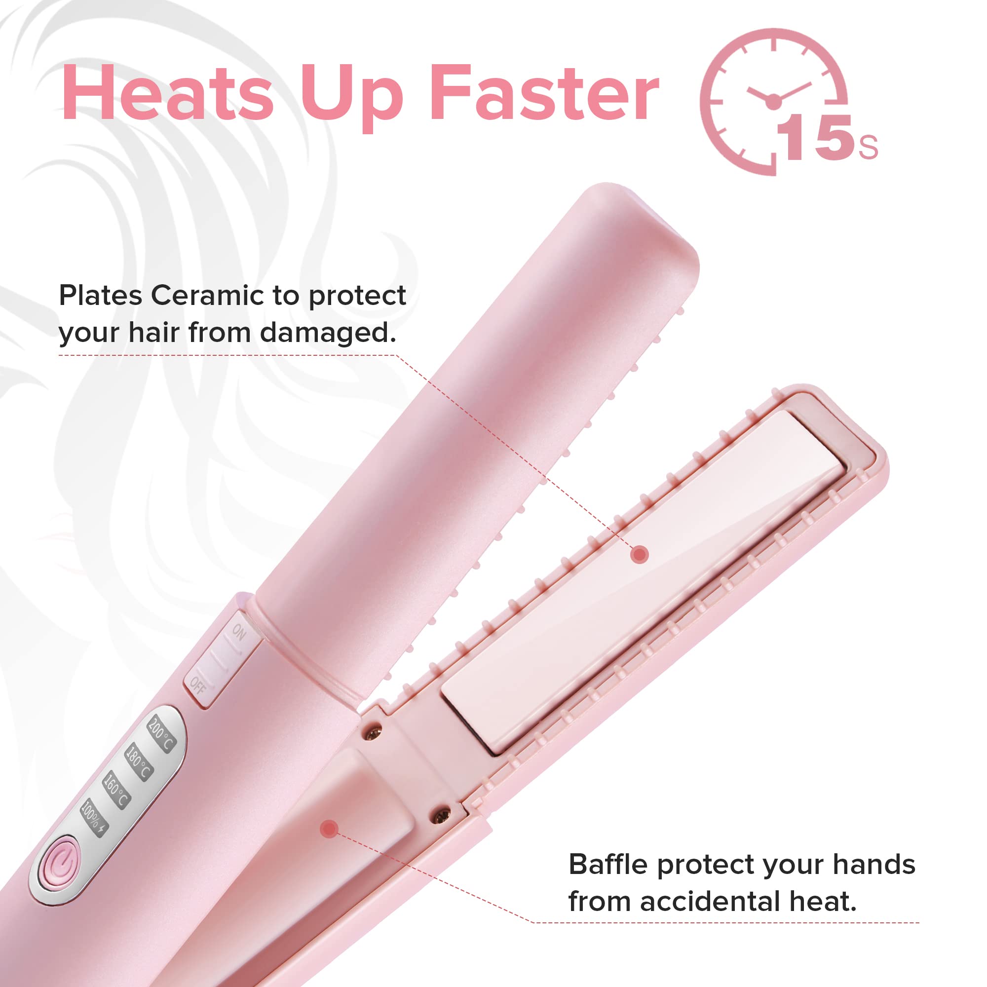 JMFONE Hair Straightener (2023 New),Cordless Flat Iron,Portable Straightener for Hair,USB-C Rechargeable Ceramic Mini Flat Iron with 4800mA Battery, Adjustable Temperature, Travel Size (Dark Pink)