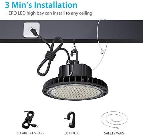 Miiruop UFO LED High Bay Light,160W Coollight 25,600lm 5000K 0-10V Dimmable [Adjustable Beam Angle 65/90/105] IP65 Waterproof,600W HID Replacement,5-Year Warranty US Plug,Warehouse/Wet Location Area