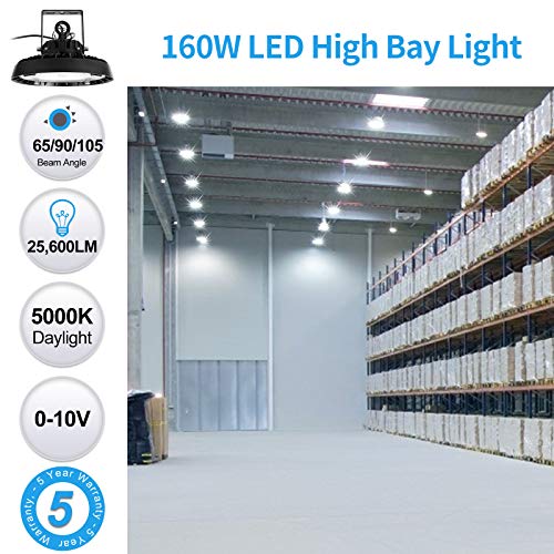 Miiruop UFO LED High Bay Light,160W Coollight 25,600lm 5000K 0-10V Dimmable [Adjustable Beam Angle 65/90/105] IP65 Waterproof,600W HID Replacement,5-Year Warranty US Plug,Warehouse/Wet Location Area