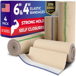 premium elastic bandage wrap - 4pk (2x6", 2x4") – self-closing - strong compression bandage wrap - waist, legs, elbow, knee wrap