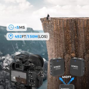 SYNCO Wireless Lavalier Microphones & System, G1(A2) 2.4G Dual Transmitter Lapel Mic 492FT 8H for YouTube Vlog Live Stream for Camera Smartphone Tablet, Wireless-Lavalier-Microphone-for-DSLR Camera