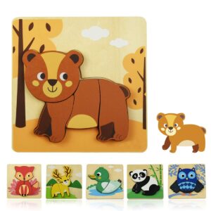 gybber&mumu wooden thickened animal puzzle toy set panda deer owl duck fox puzzle toy hand-eye coordination intellectual toy set for preschool (bear)