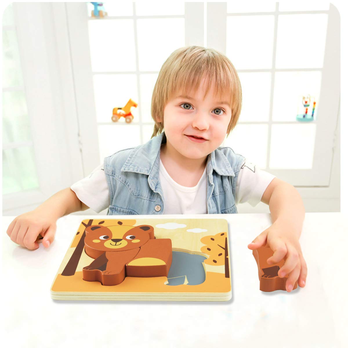 GYBBER&MUMU Wooden Thickened Animal Puzzle Toy Set Panda Deer Owl Duck Fox Puzzle Toy Hand-Eye Coordination Intellectual Toy Set for Preschool (Bear)