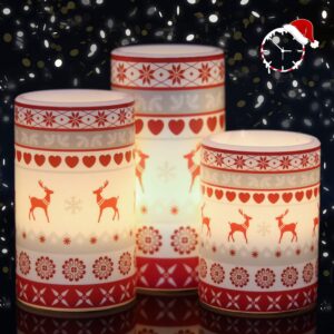 wondise flameless pillar candles battery operated with timer, real wax led flickering reindeer decal for christmas home decor, set of 3(d3 x h4,5,6 inch)