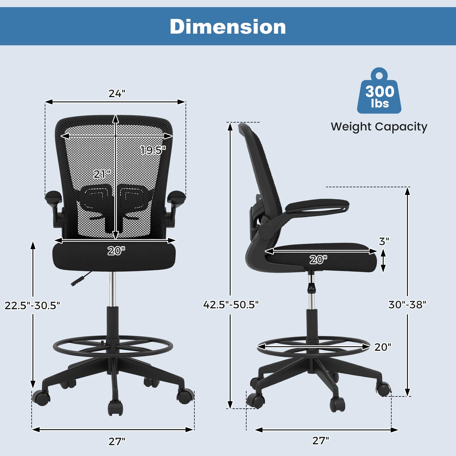 HAPPYGRILL Drafting Chair, Adjustable Height Standing Desk Chair with Armrest, Footrest Ring and Lumbar Support, Tall Office Chair Executive Computer Chair for Home Office (1, Black)