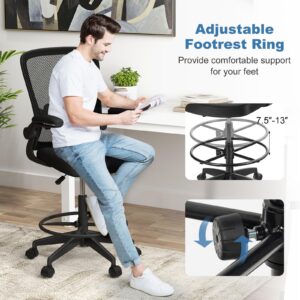 HAPPYGRILL Drafting Chair, Adjustable Height Standing Desk Chair with Armrest, Footrest Ring and Lumbar Support, Tall Office Chair Executive Computer Chair for Home Office (1, Black)