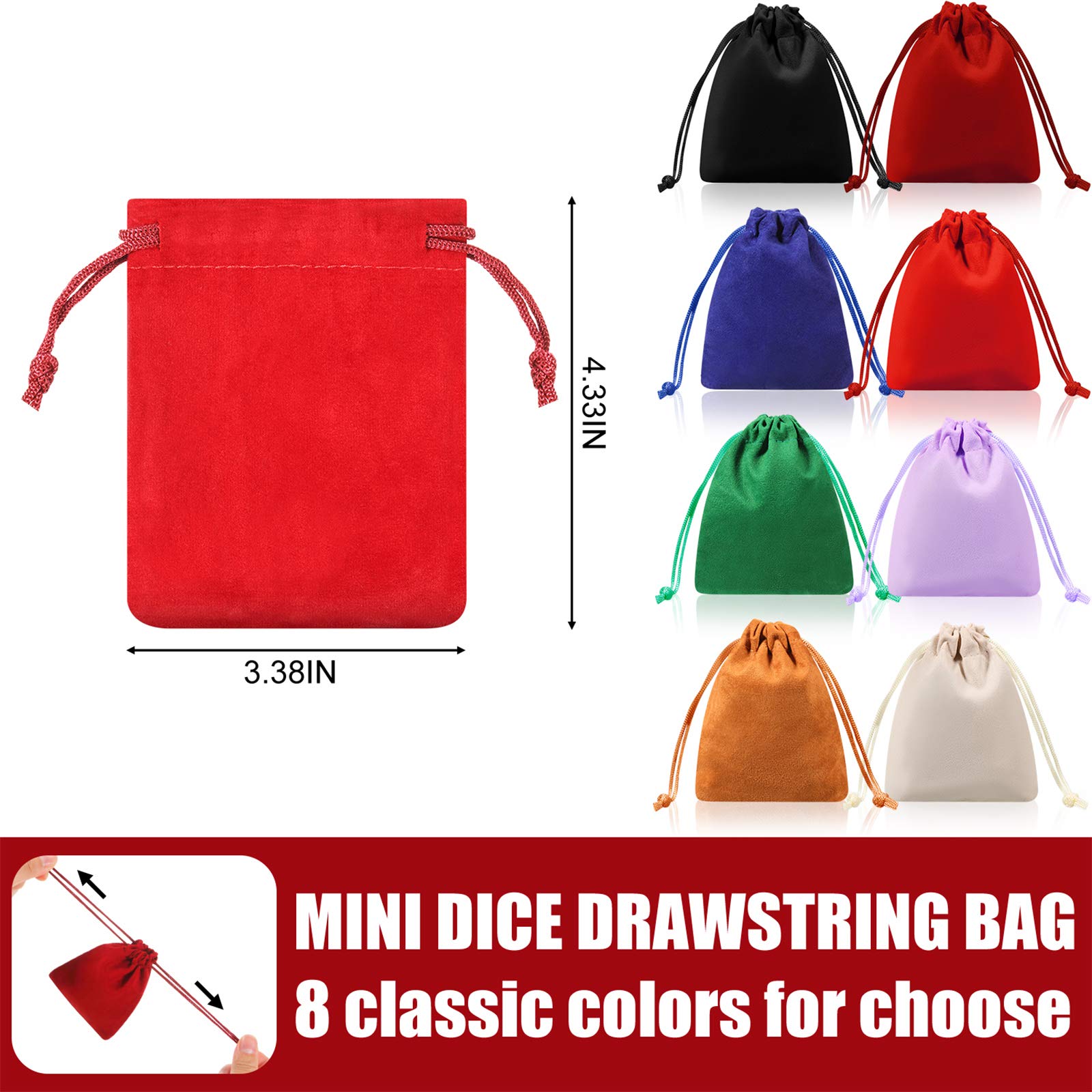 16 Pieces Mini Dice Bags Velvet Drawstring Bag 4.1 x 3.3 Inch Dice Drawstring Pouches Velour Storage Pouches for Dice, Jewelry, 8 Colors