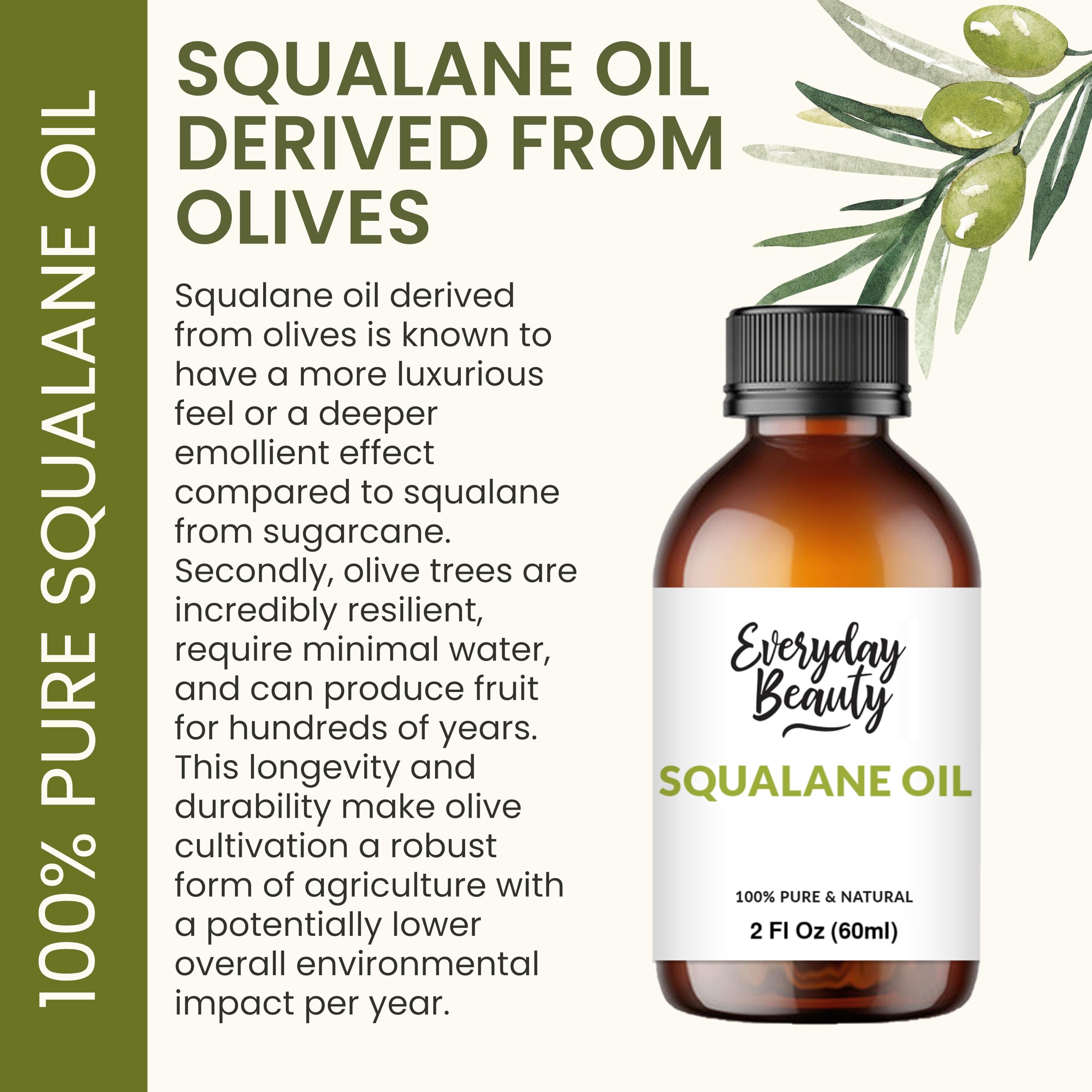 Squalane Oil - 100% Pure & Natural Plant Derived Facial Oil 2 Fl Oz - Cold Pressed and Unrefined Premium Grade Multipurpose Moisturizing Oil For Skin and Hair