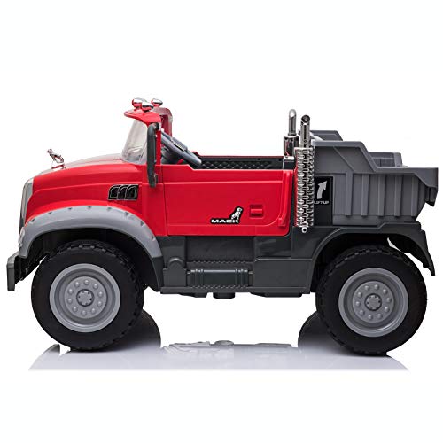 Mack Granite Dump Truck Two Seater Ride On in Red, 12V Battery Powered, Best for Kids/Children/Boys/Girls